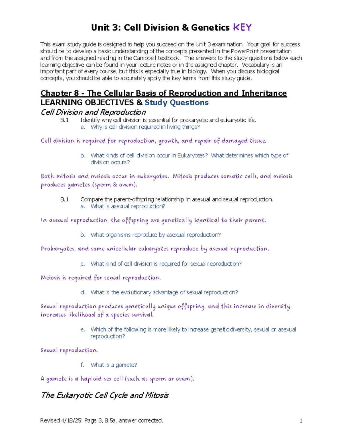 Unit 3 Exam Study Guide: Cell Division, Genetics & Inheritance - Unit 3 ...
