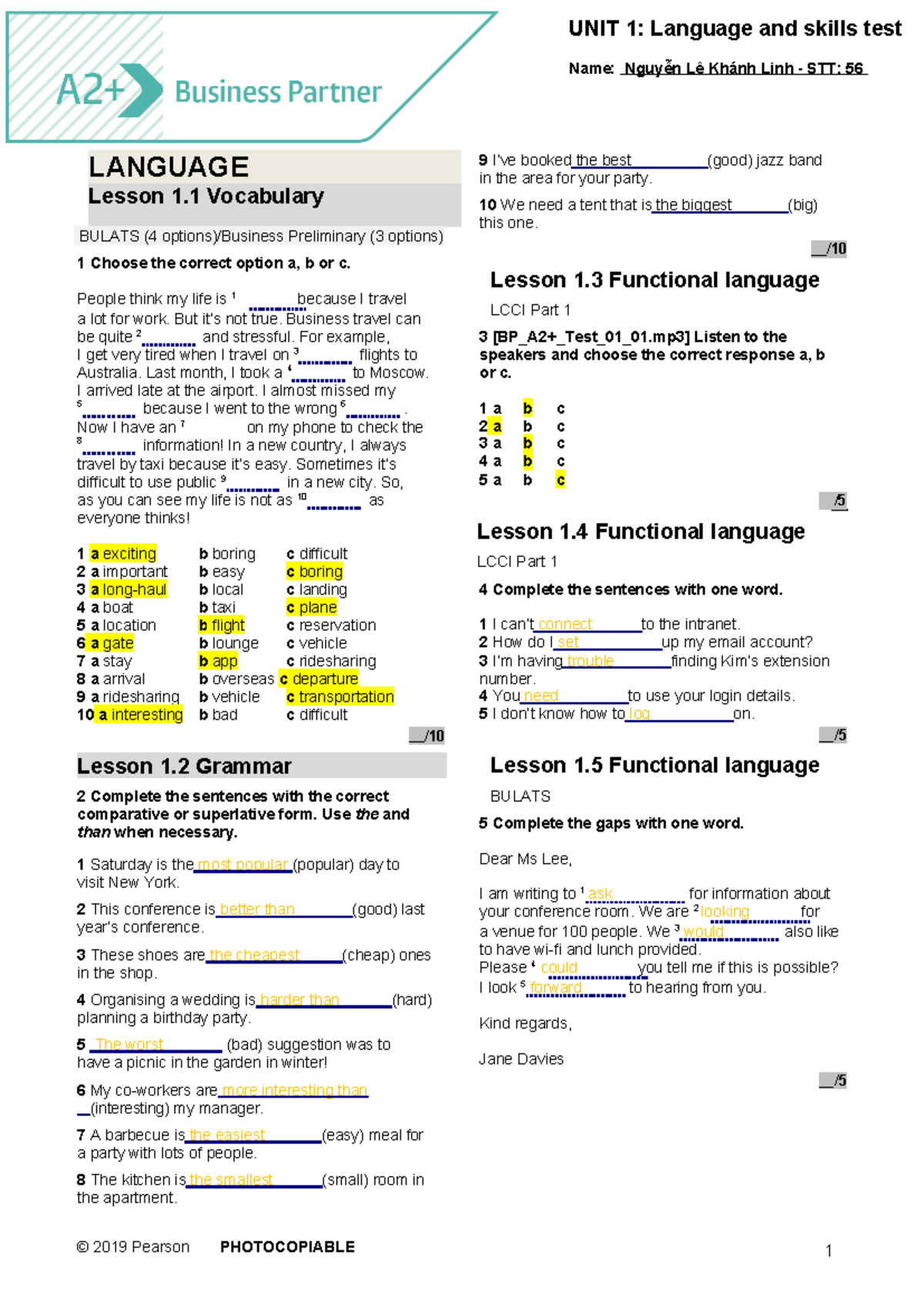 UNIT 1: Language and Skills Test - English A2+ - Studocu
