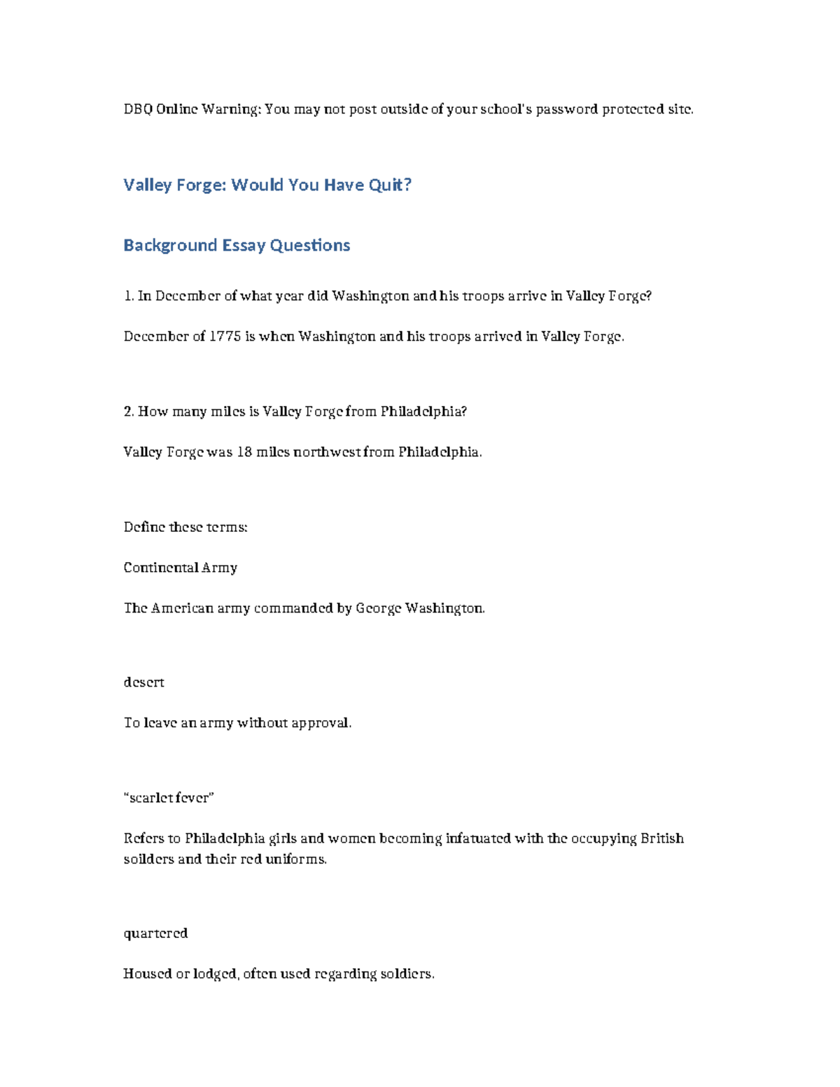 Valley Forge DBQ: Should You Stay or Quit? Analysis & Evidence - Studocu