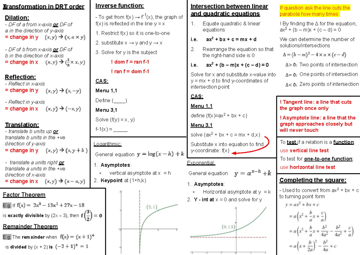 VCE Methods 1&2 Cheat Sheet: Δ Transformation & Function Analysis - Studocu