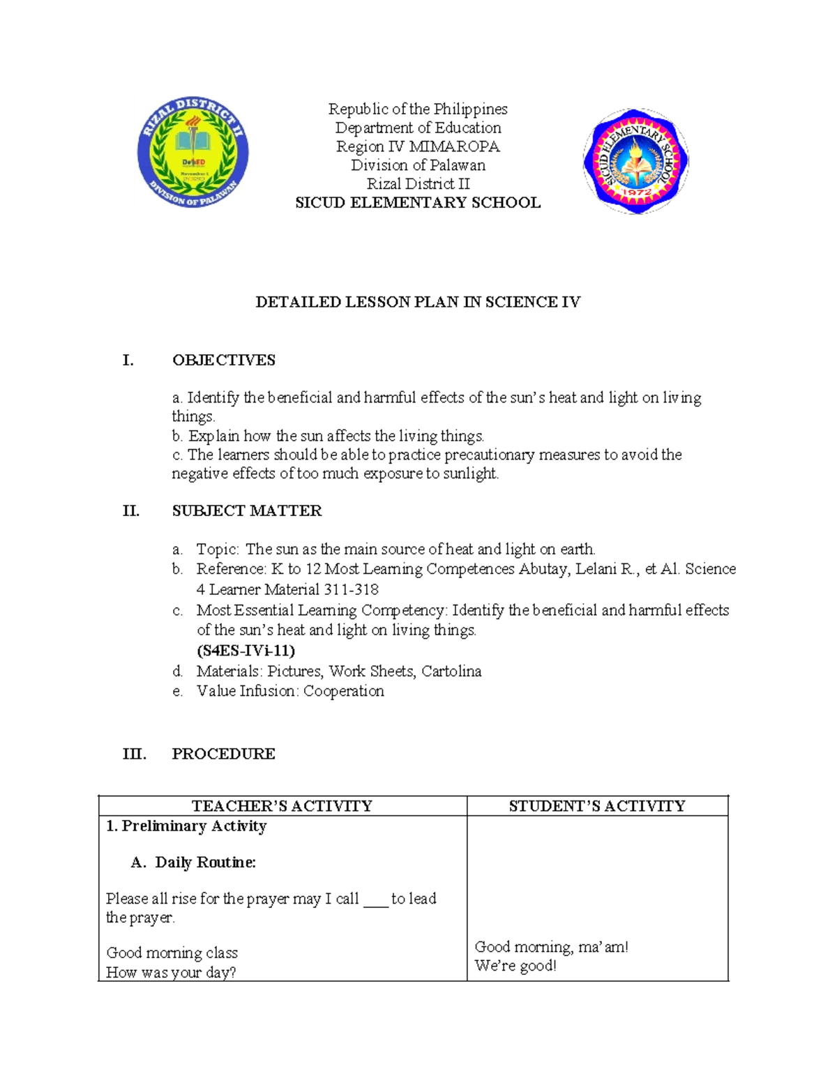 Detailed Lesson Plan in Grade 4 Science: The Sun's Effects on Life ...