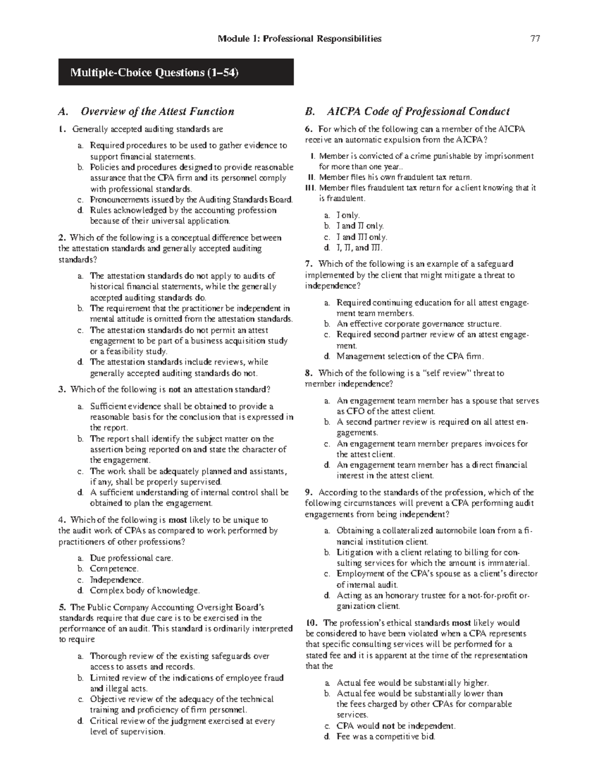 Module 1: Professional Responsibilities - 77 Questions Review for CPA ...