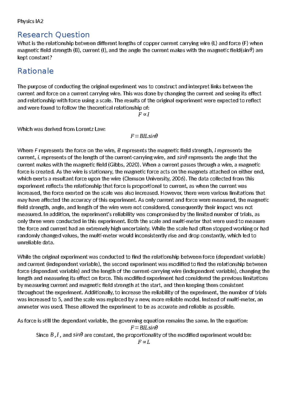 Physics IA2: Investigating Force and Length in Current-Carrying Wires ...