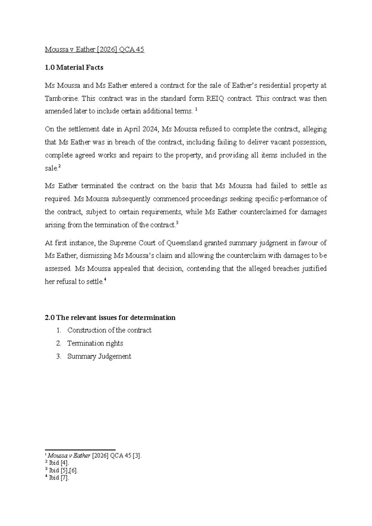 LLB101 A2 Case Notes: Moussa v Eather QCA 45 Analysis - Studocu