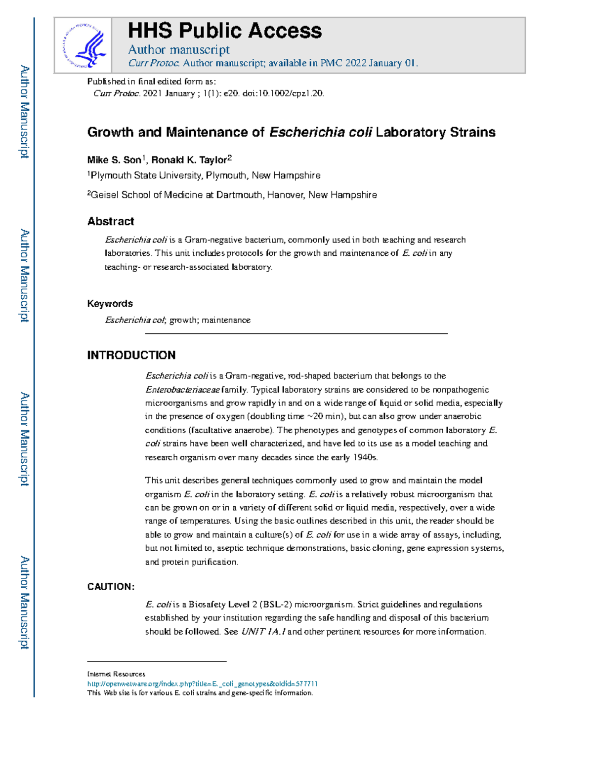 Growth and Maintenance Protocols for E. coli Laboratory Strains (HHS ...