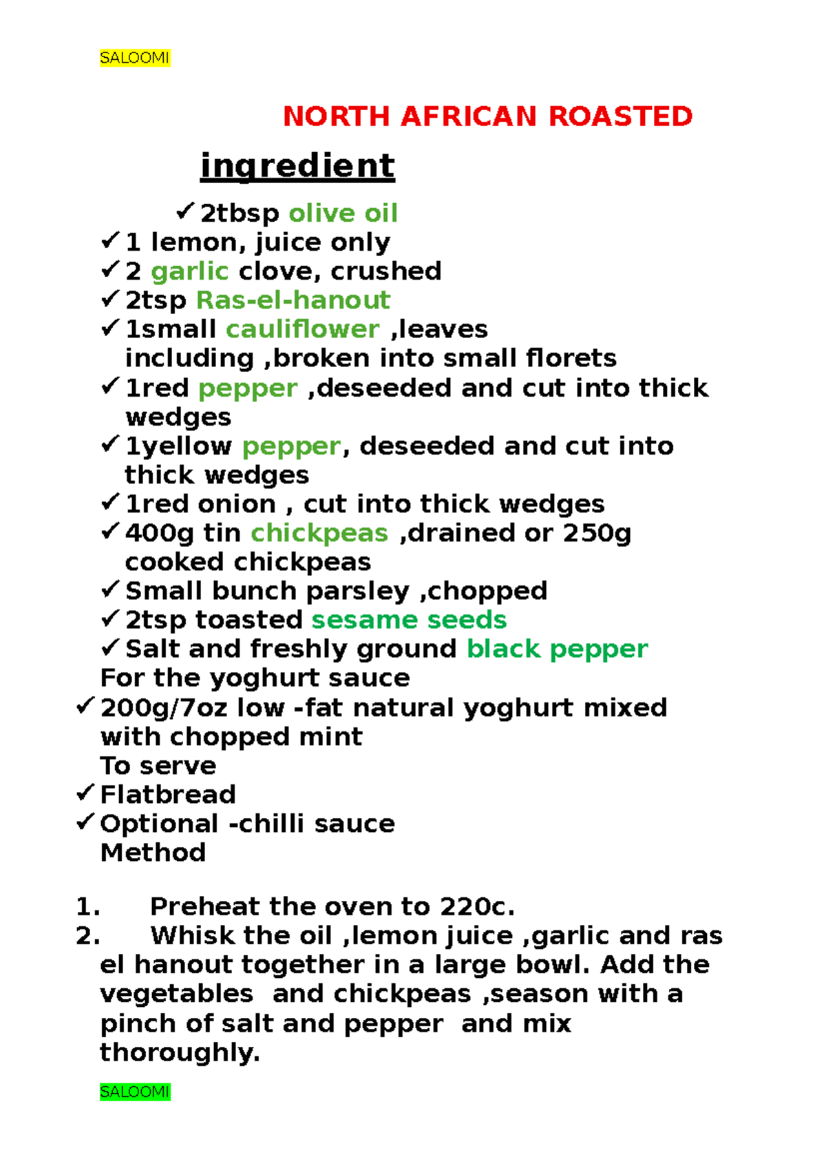 North African Roasted Recipe: SALOOMI Cooking Instructions - Studocu