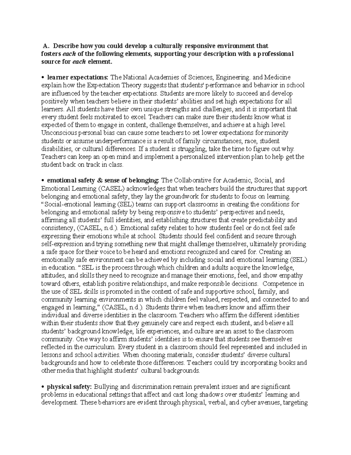 WGU Culturally Responsive Teaching Task 1: Creating Safe Learning ...