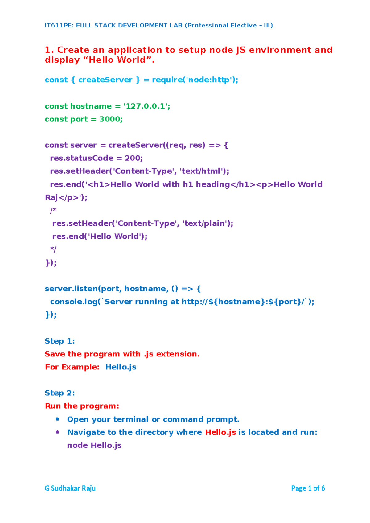 IT611PE: Full Stack Dev Lab - Node.js Hello World Setup Guide - Studocu