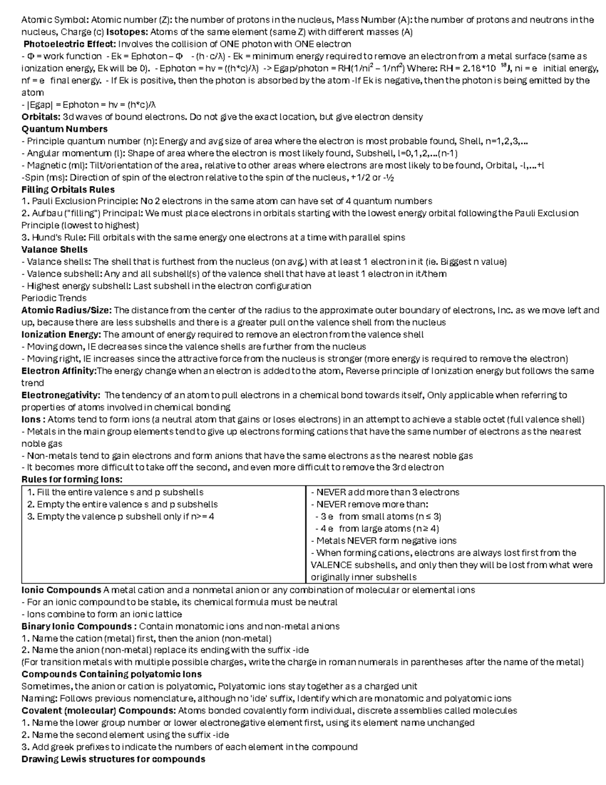 Chem 101 Midterm 1 Cheat Sheet: Atomic Structure & Bonding Concepts ...