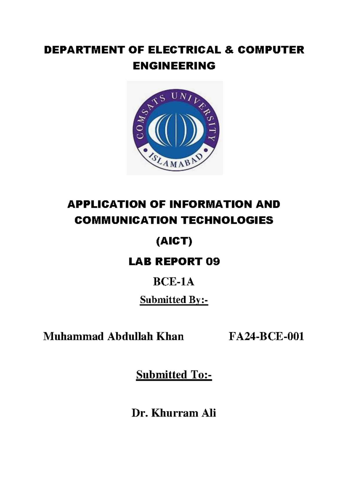 AICT Lab 9 FA24-BCE-001 - DEPARTMENT OF ELECTRICAL & COMPUTER ENGINEERING APPLICATION OF - Studocu