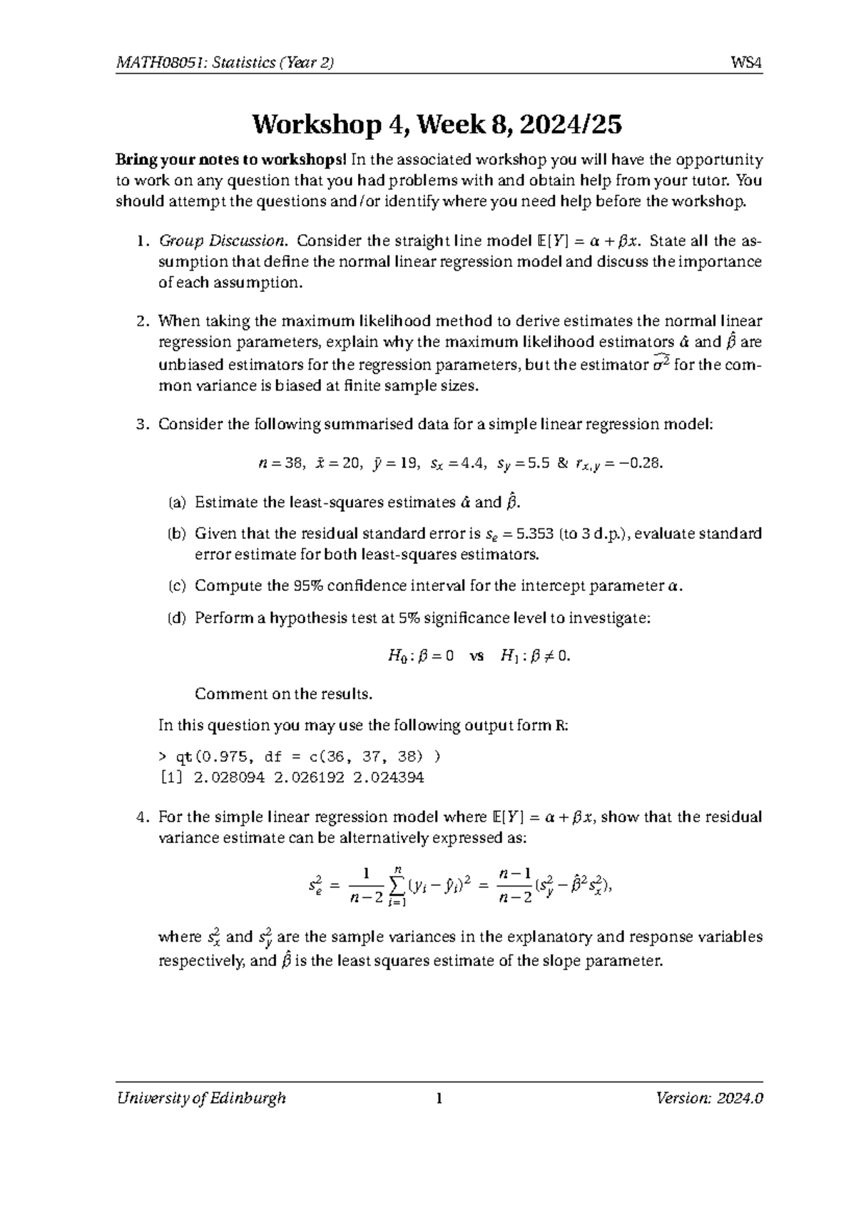 MATH08051: Statistics Year 2 - WS4 Workshop 4 Notes & Discussion - Studocu