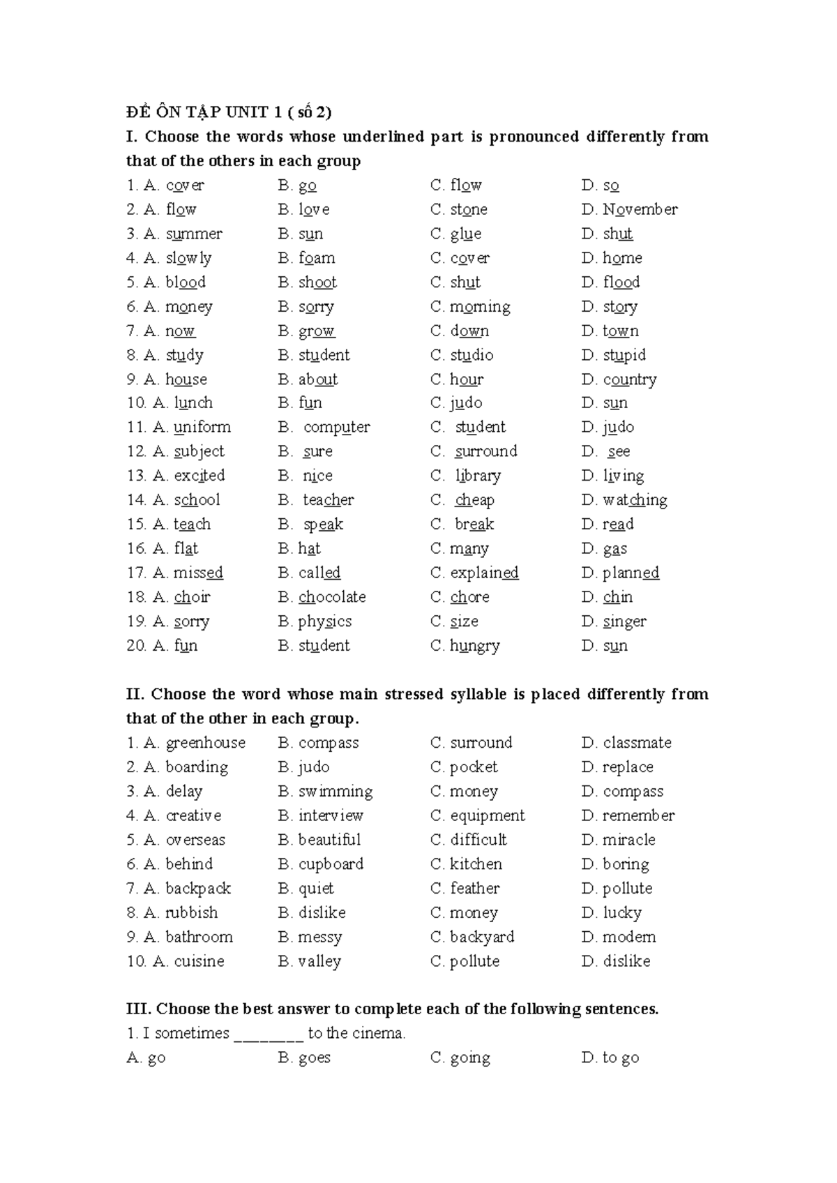 U1 Practice Test 2: Pronunciation and Grammar Exercises - Studocu