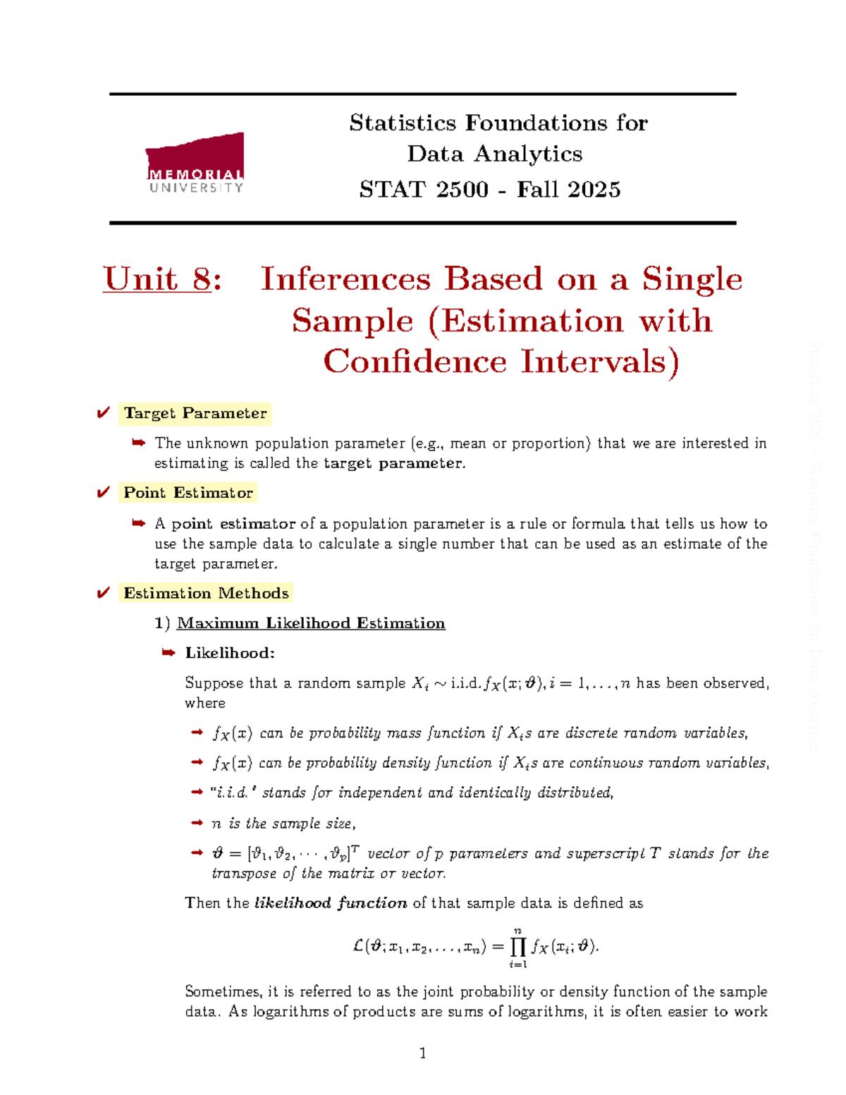 Statistics Foundations for Data Analytics STAT 2500: Unit 8 Lecture ...