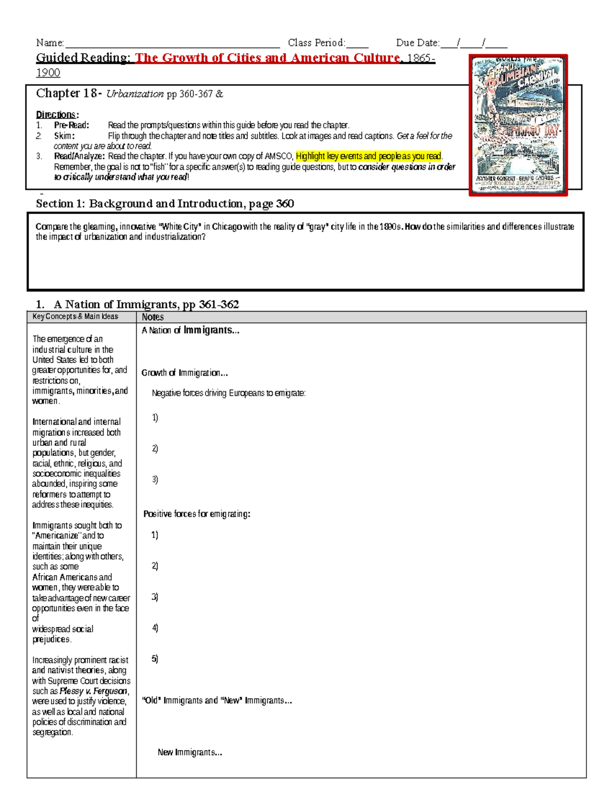 AMSCO Ch. 18 & 19 Guided Reading: Urbanization & Gilded Age Politics ...