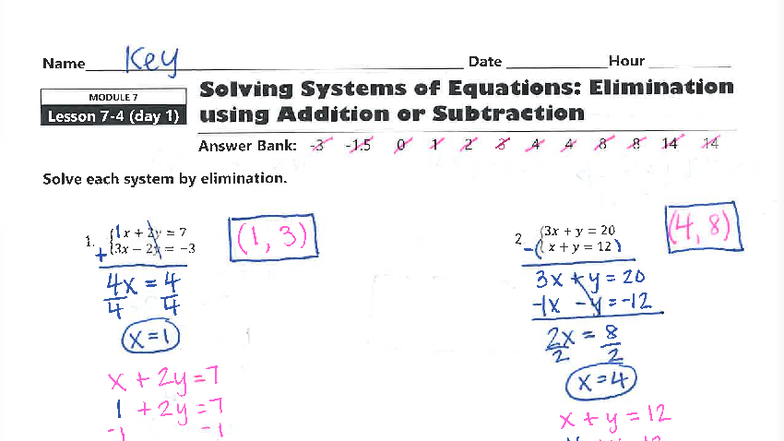 MODULE 7: Solving Systems of Equations - Elimination WS 7-4 Answer Key ...