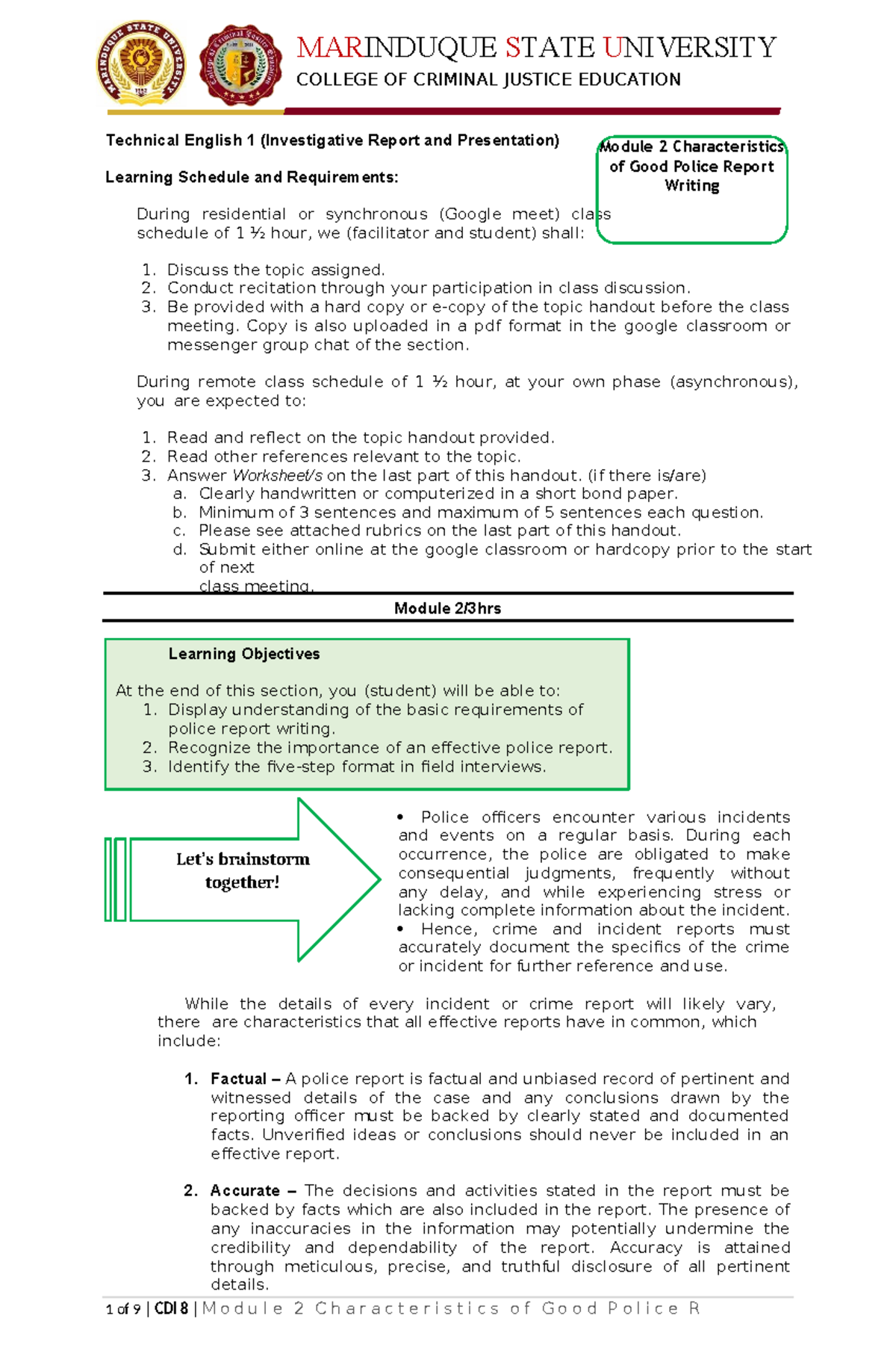 CDI 8 Module 2: Key Traits of Effective Police Report Writing - Studocu