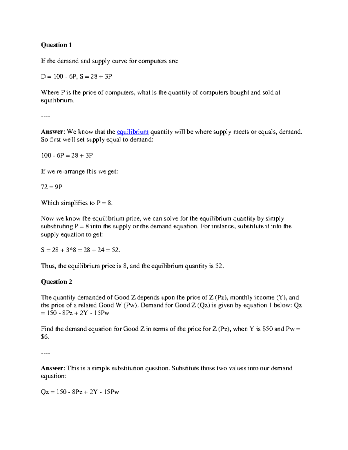 Demand and Supply Equations Practice Set (Econ 101) - Studocu