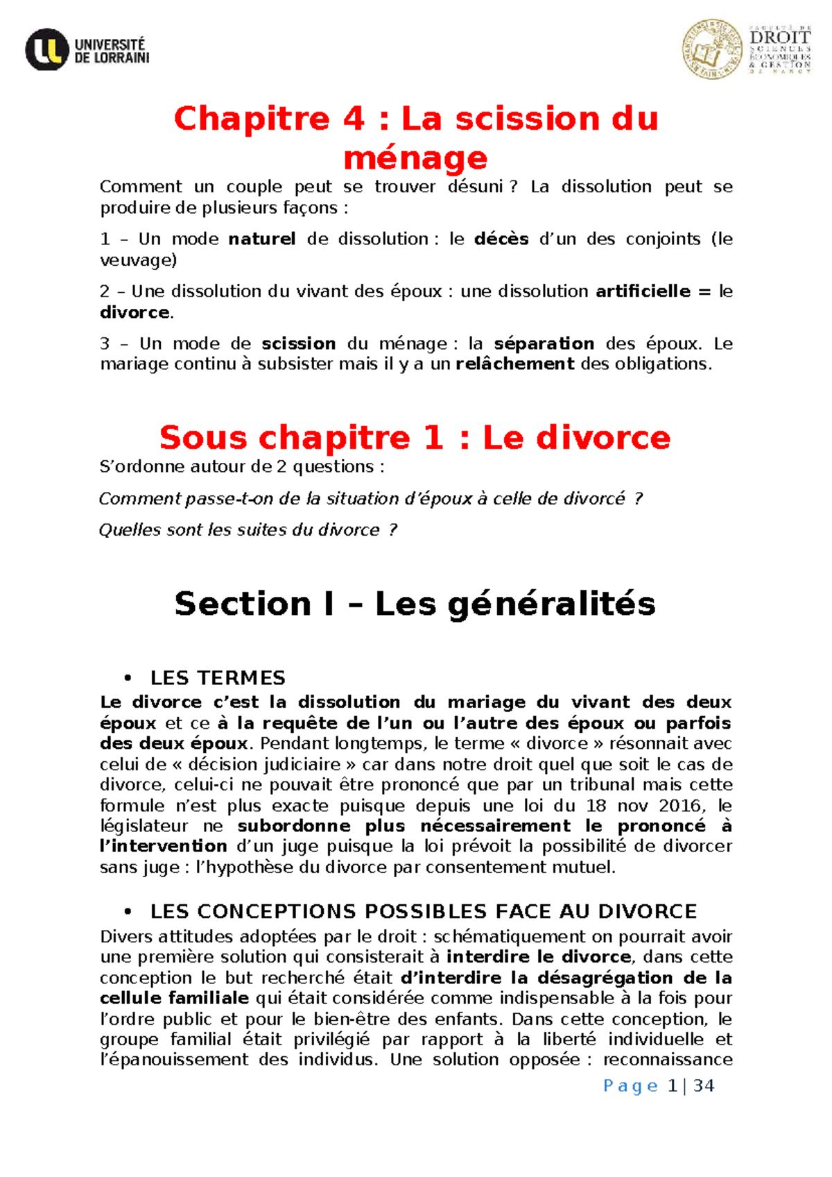 Chapitre 4 : La Scission du Ménage et le Divorce en Droit Français ...