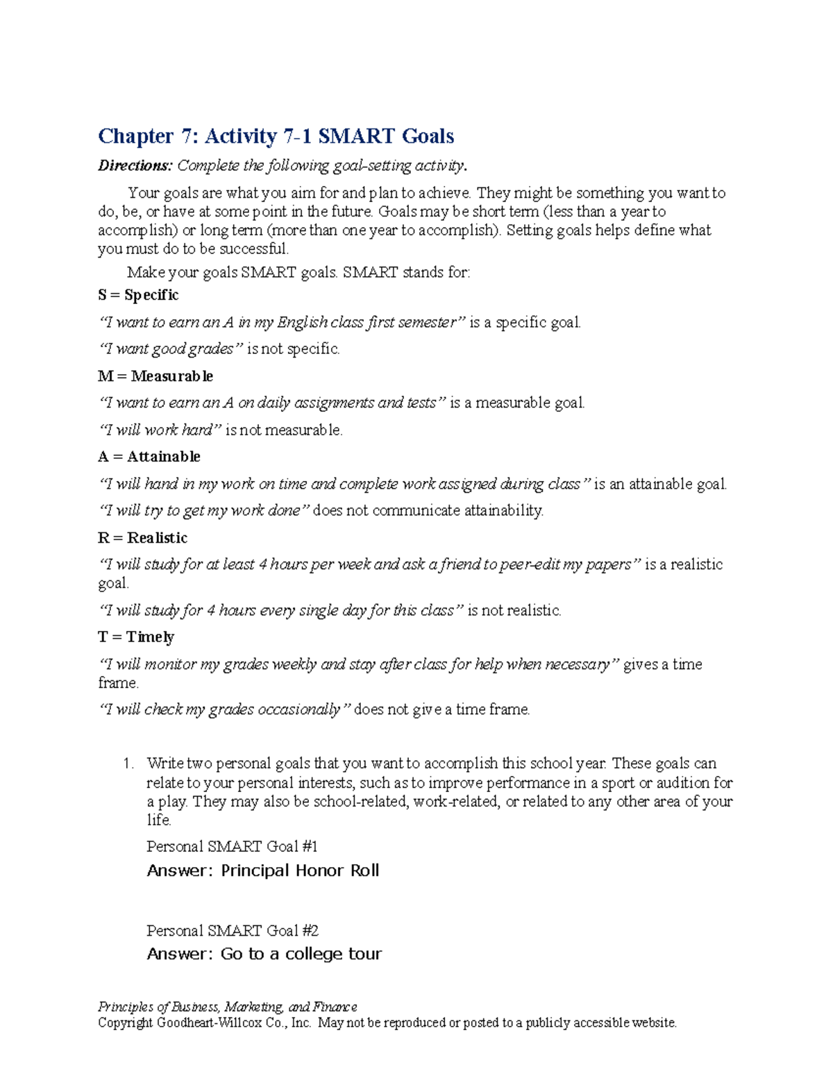 Activity 7: Setting SMART Goals for Success in Principles of Business ...