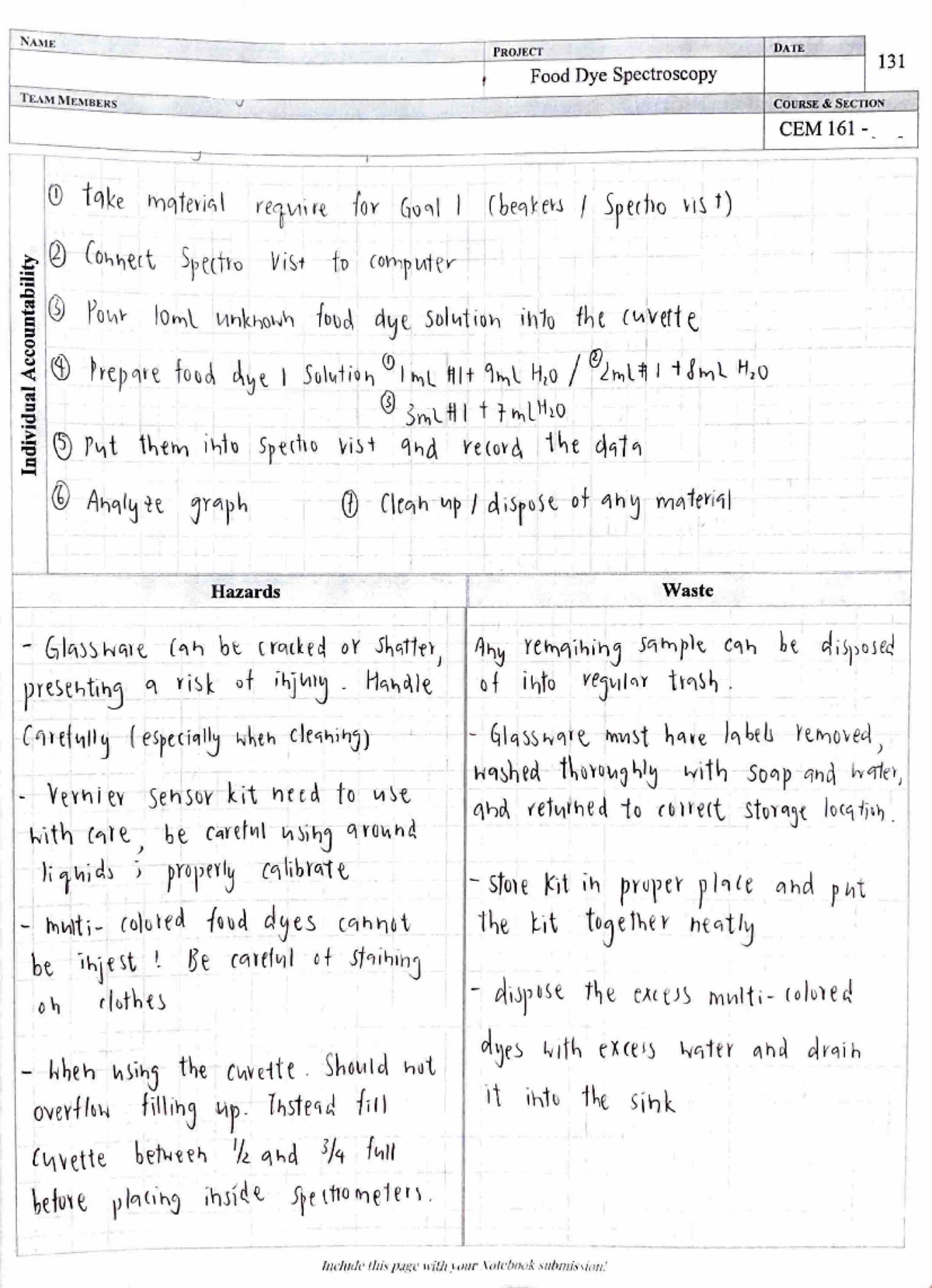 CEM 161 Notebook 3 - NAl\lE PROJECT DATE Food Dye Spectroscopy 131 'fi ...