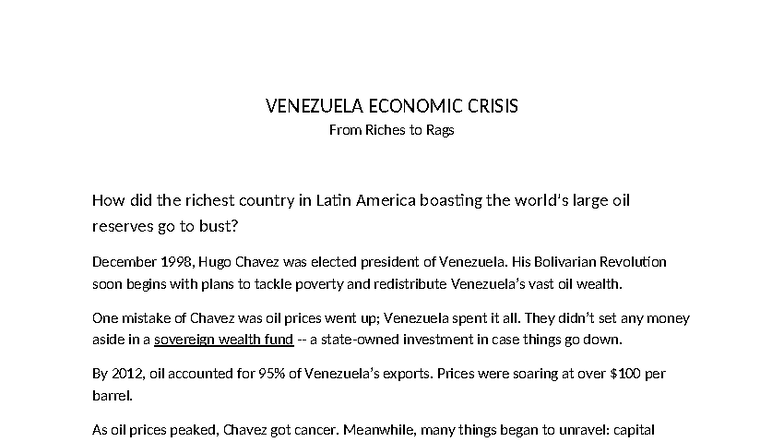 VENEZUELA ECONOMIC CRISIS: From Riches to Rags (1998-2017) - Studocu