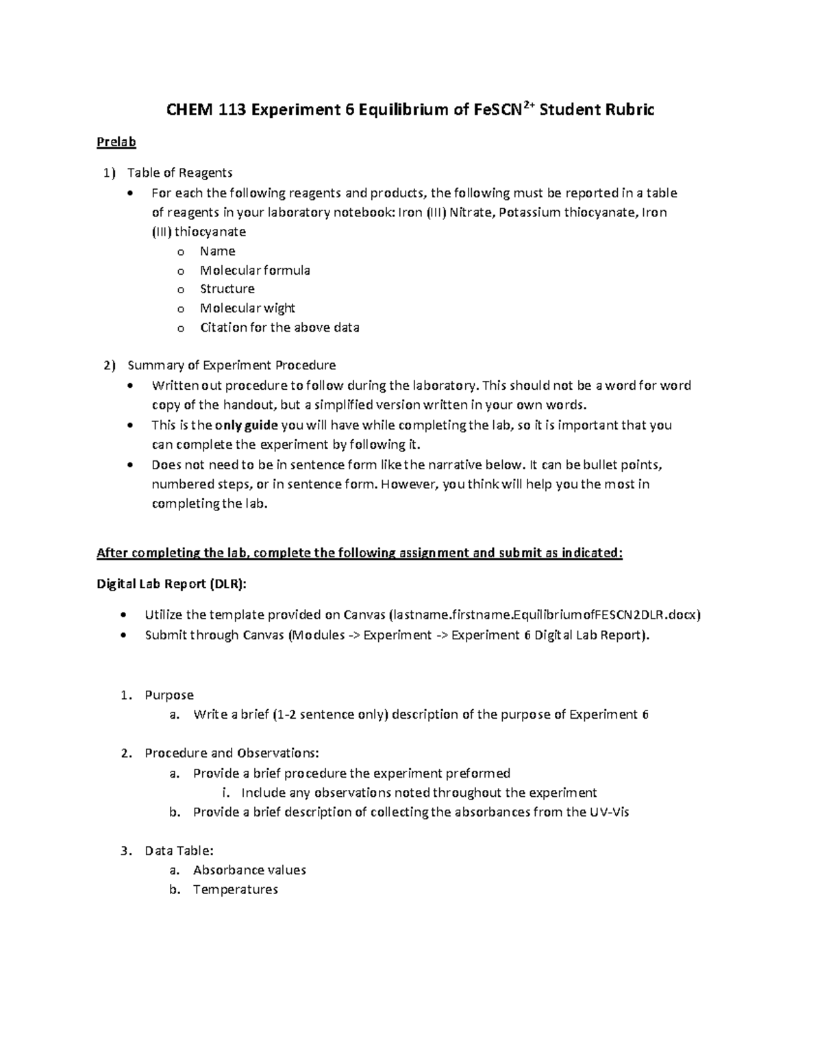 CHEM 113 Exp 6 Equilibrium Lab Student Rubric FA25 - Studocu