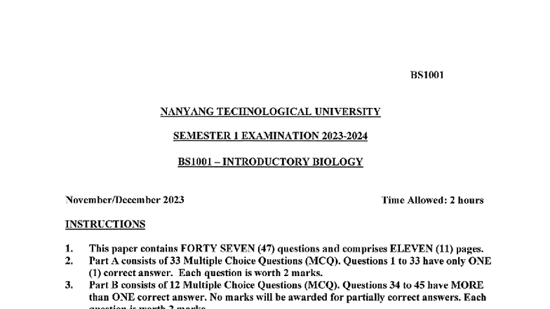 BS1001 Introductory Biology - Semester 1 Final Exam 2023 - Studocu