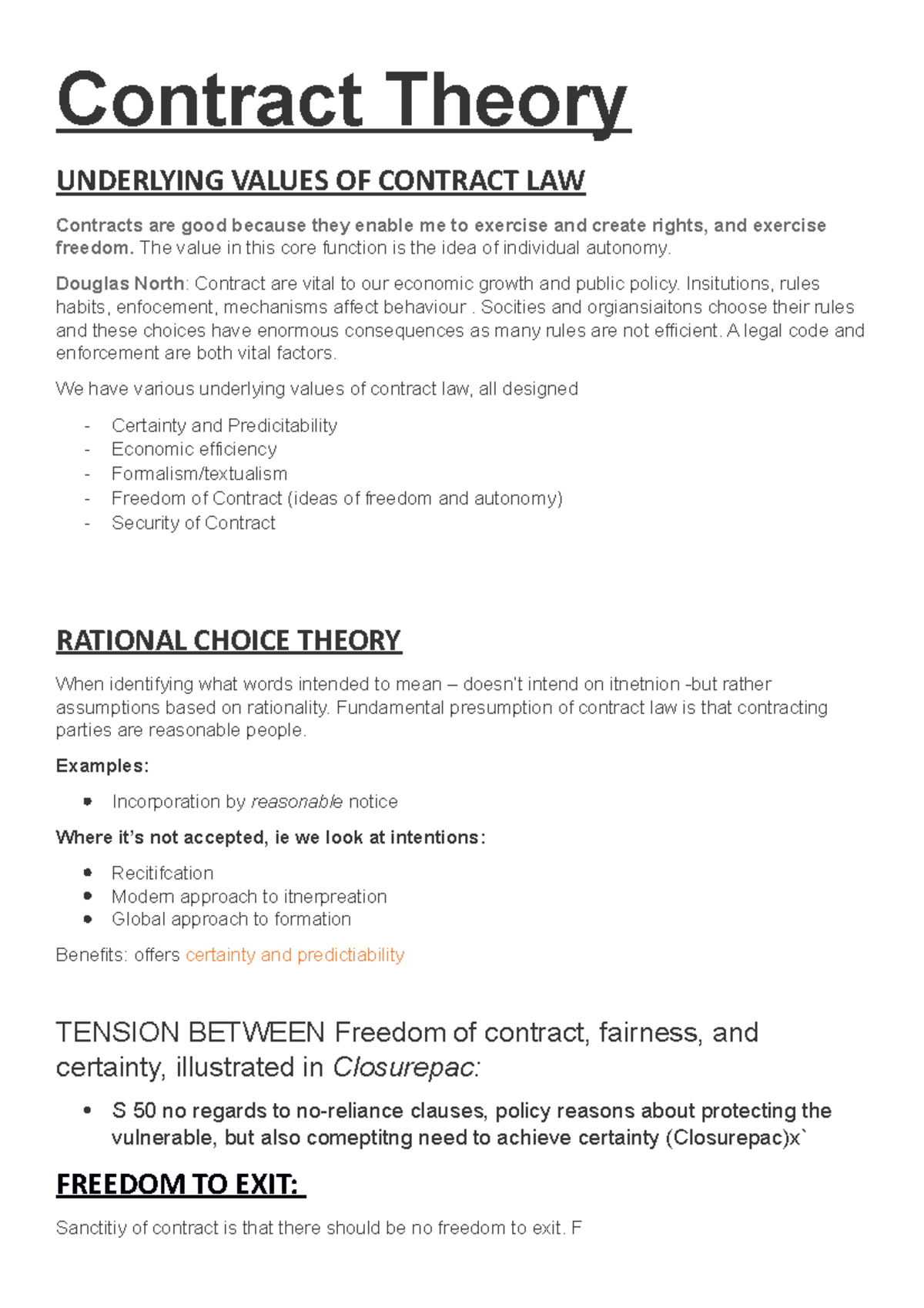 Contract Theory (LAW 301) - Comprehensive Lecture Notes Summary - Studocu