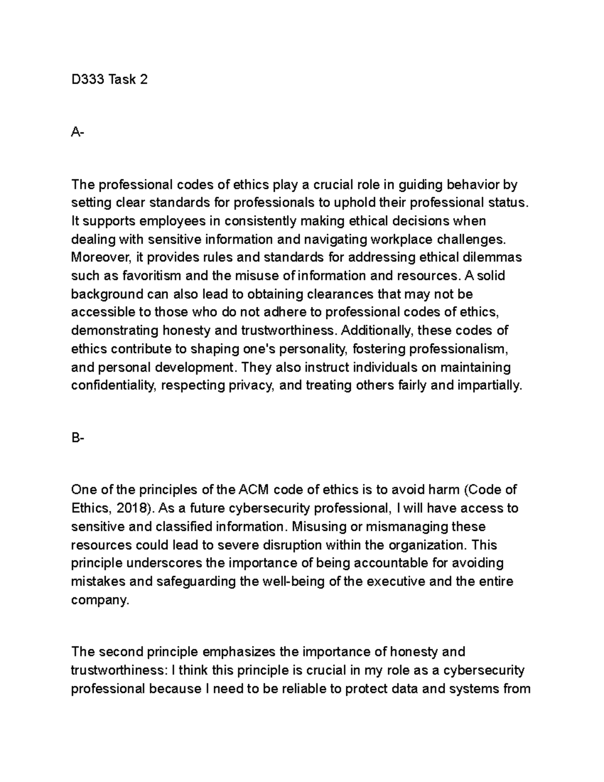 D333 Task 2 - Ethics in Technology: Professional Codes of Conduct - Studocu