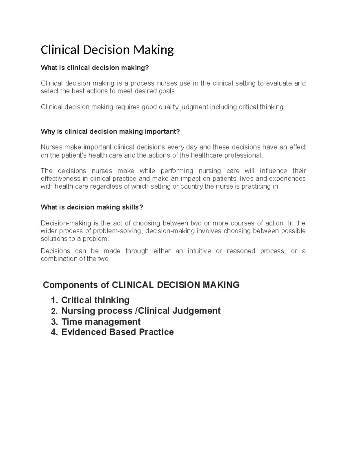 Critical Thinking in Nursing: Clinical Decision Making Overview - Studocu