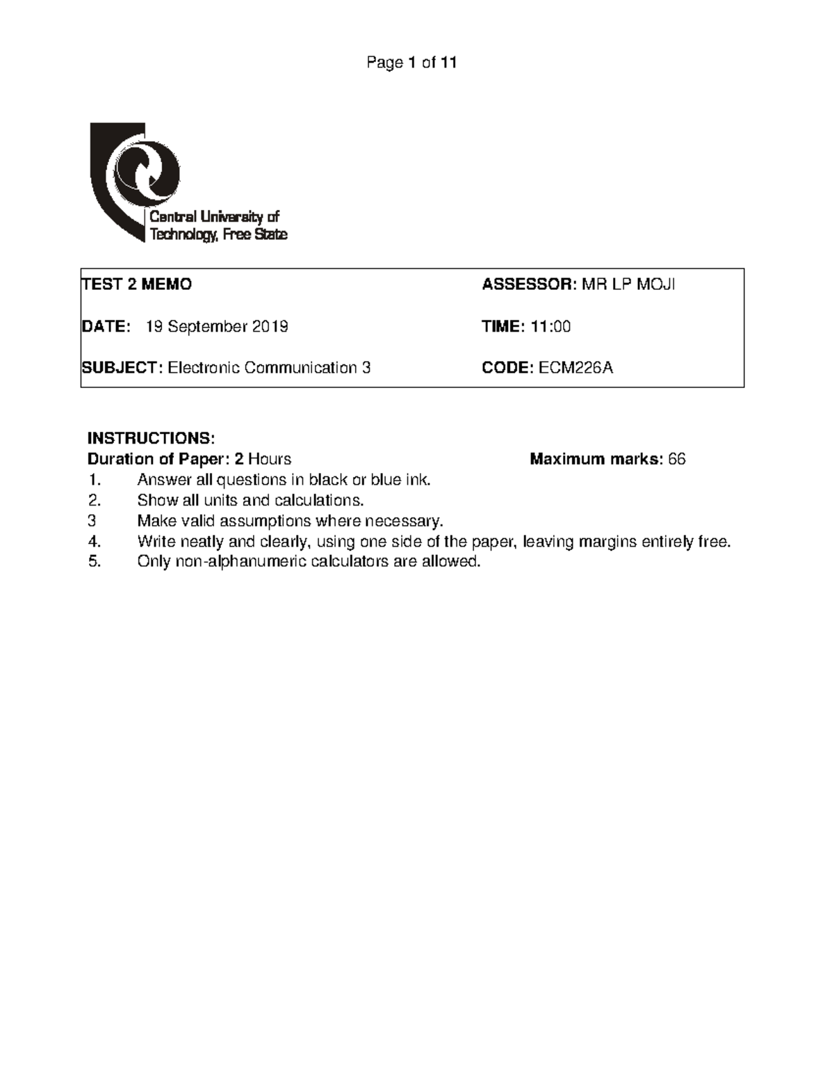 2019 ECM226A Test 2 Memo: Electronic Communication Analysis and Design ...