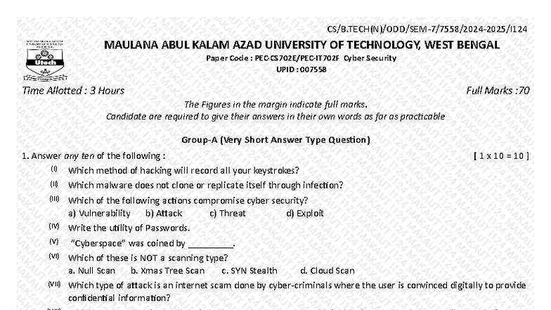 Cyber Security Question Paper 2024-25 - MAKAUT Code: 007558 - Studocu