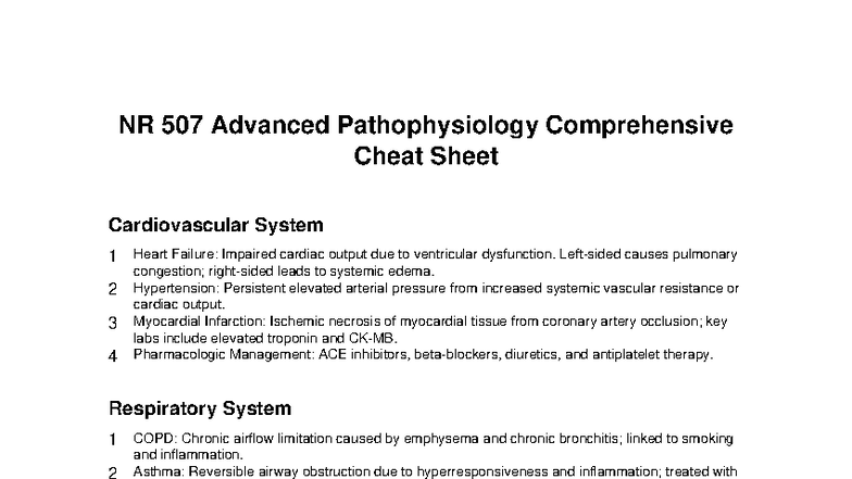 NR 507 Advanced Pathophysiology Comprehensive Cheat Sheet - Studocu