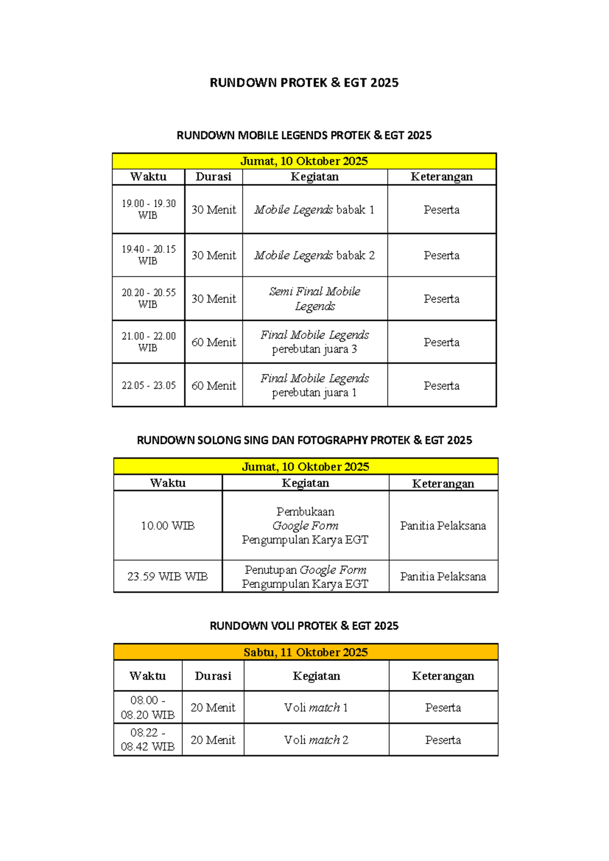 Rundown Kegiatan Protek & EGT 2025: Mobile Legends, Voli, Basket ...