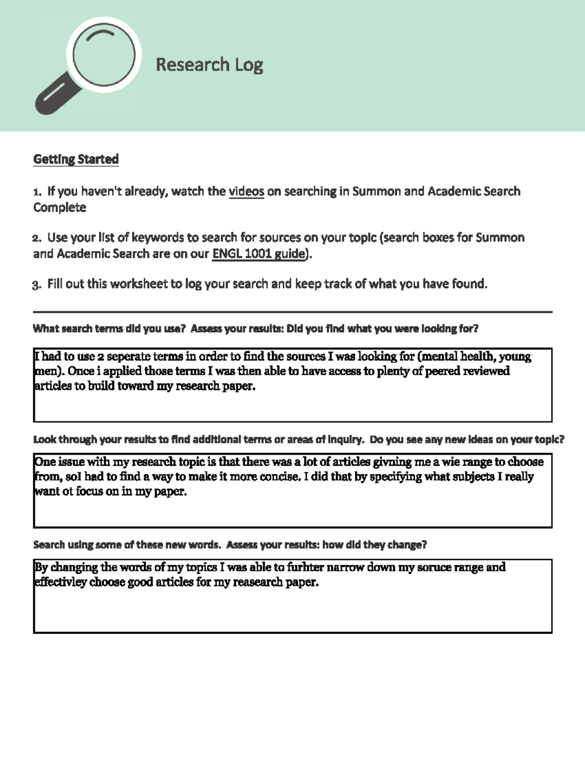 ENGL 1001 Research Log: Strategies for Effective Source Searching - Studocu