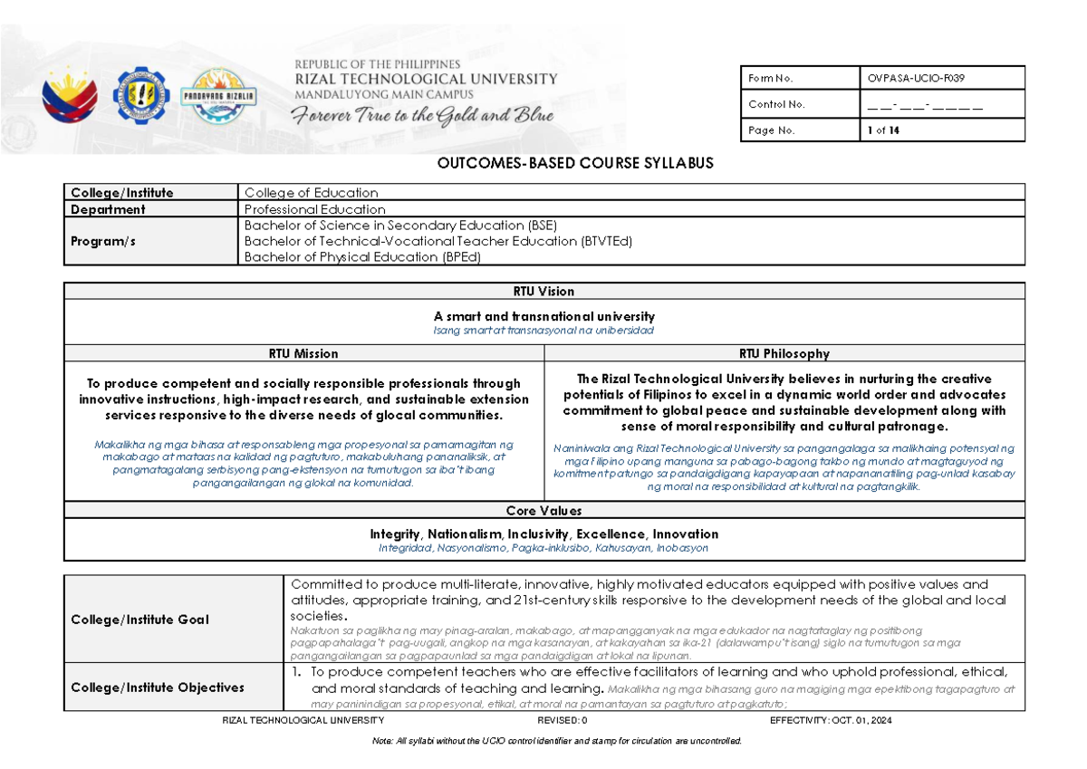 Course Syllabus: Profed 7 - Educational Technology and Teaching Methods - Studocu