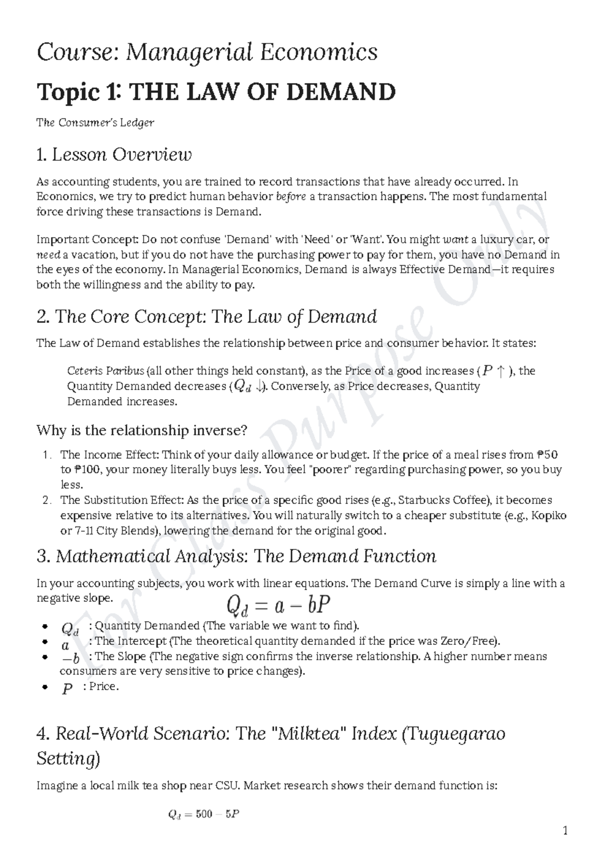 Managerial 1: The Law of Demand and Supply Lesson Notes - Studocu