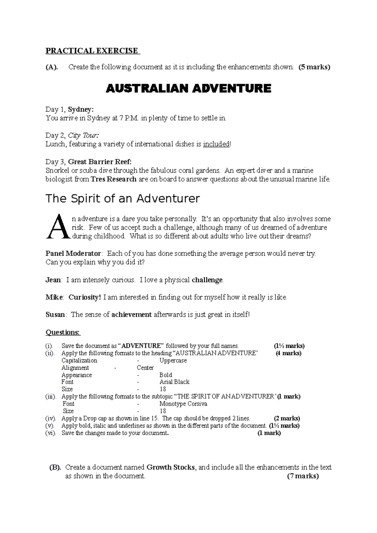 Practical Exercise This Is A Beginners Test On Ms Word Practical Exercise A Create The