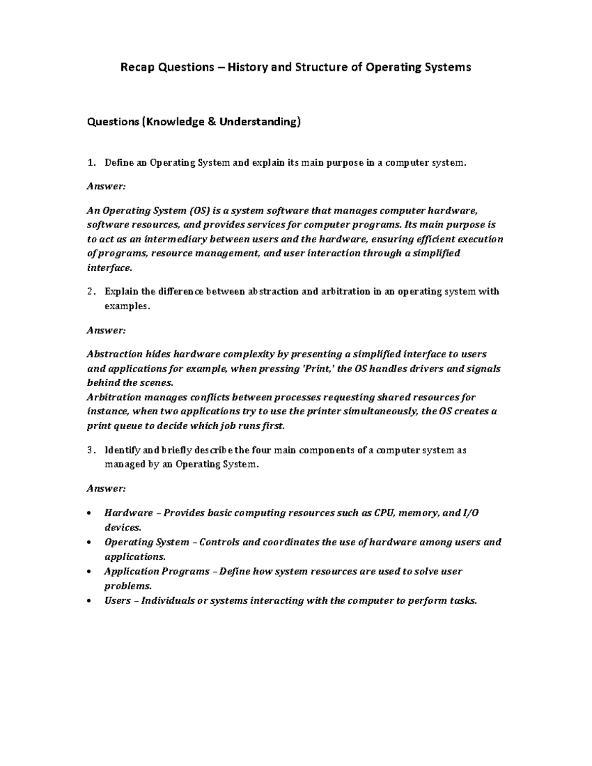 Recap Questions on History & Structure of OS (Week 1 Tutorial) - Studocu