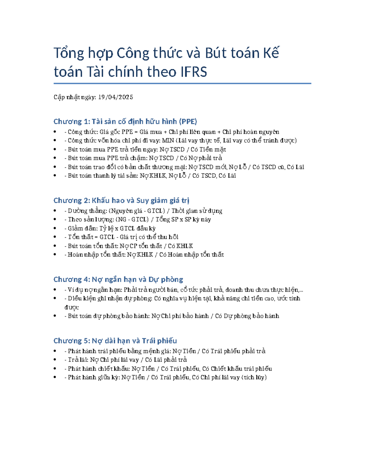 Tổng hợp Công thức và Bút toán KTTC theo IFRS - Chương 1 đến 5 - Studocu