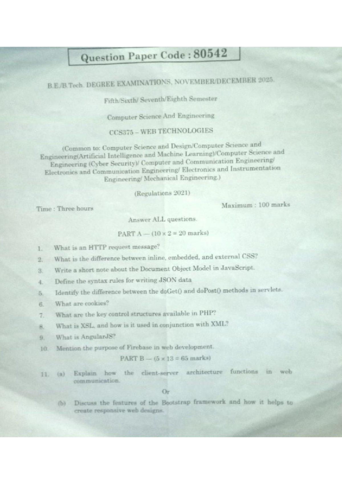 CCS375 Web Technologies Nov-Dec 2025 Exam Question Paper - Studocu