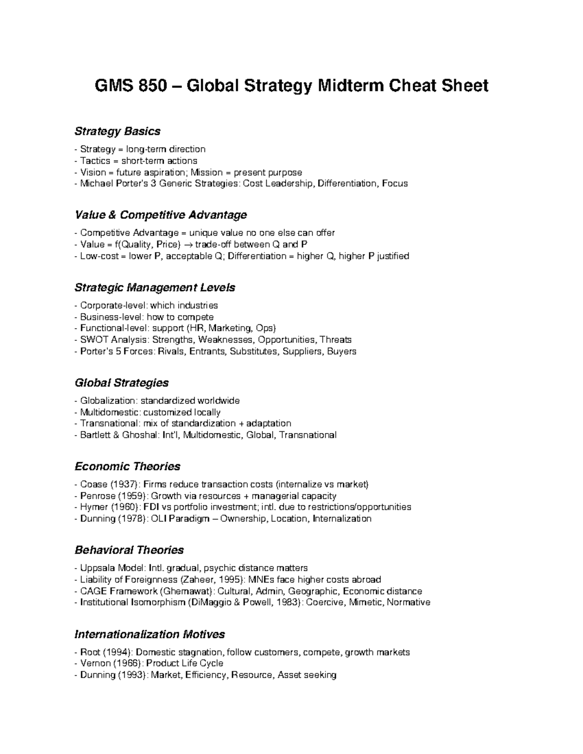 GMS 850 Global Strategy Midterm Cheat Sheet: Key Concepts & Theories - Studocu