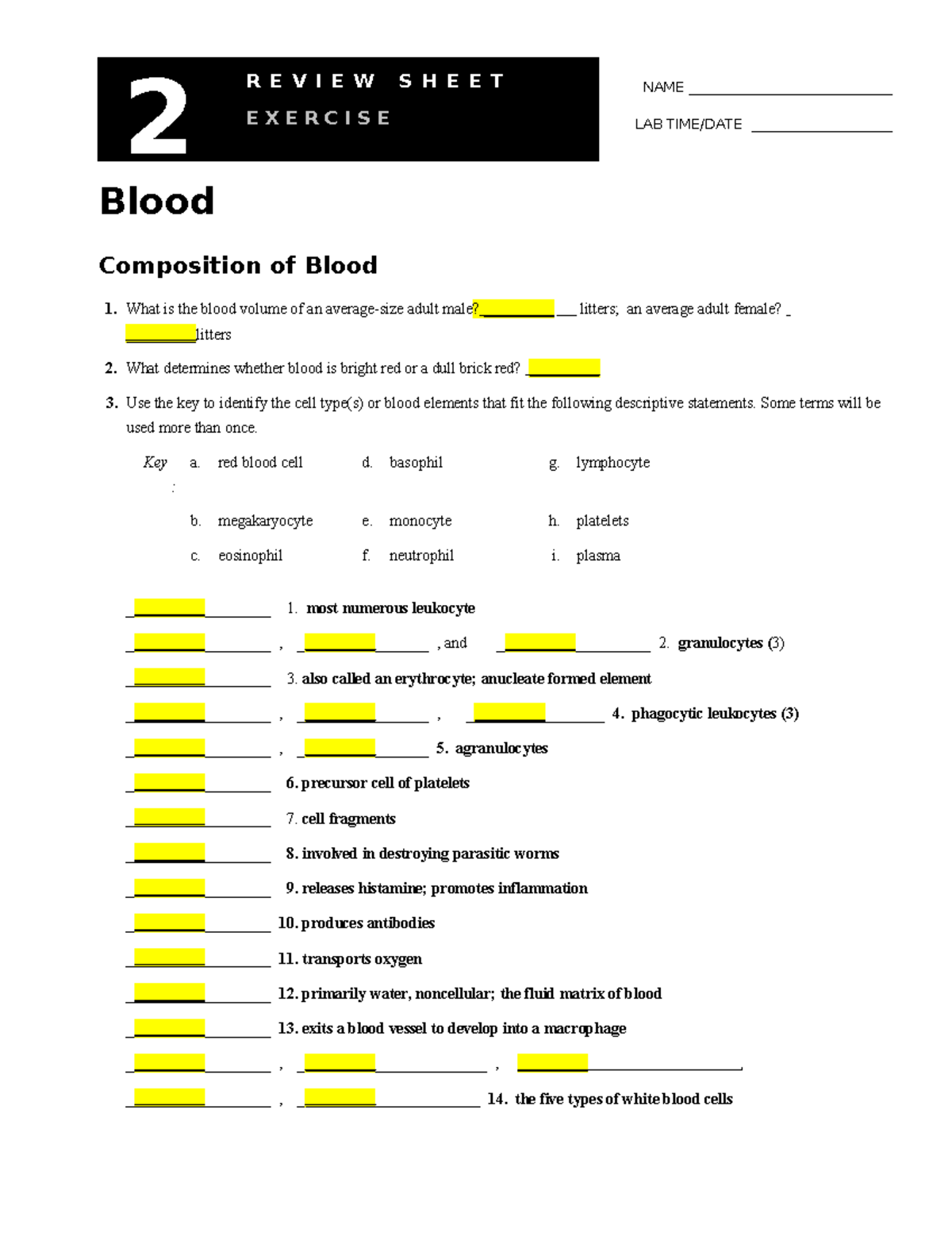 Exercise 29 Review Sheet: Blood Composition & Hematologic Tests - Studocu