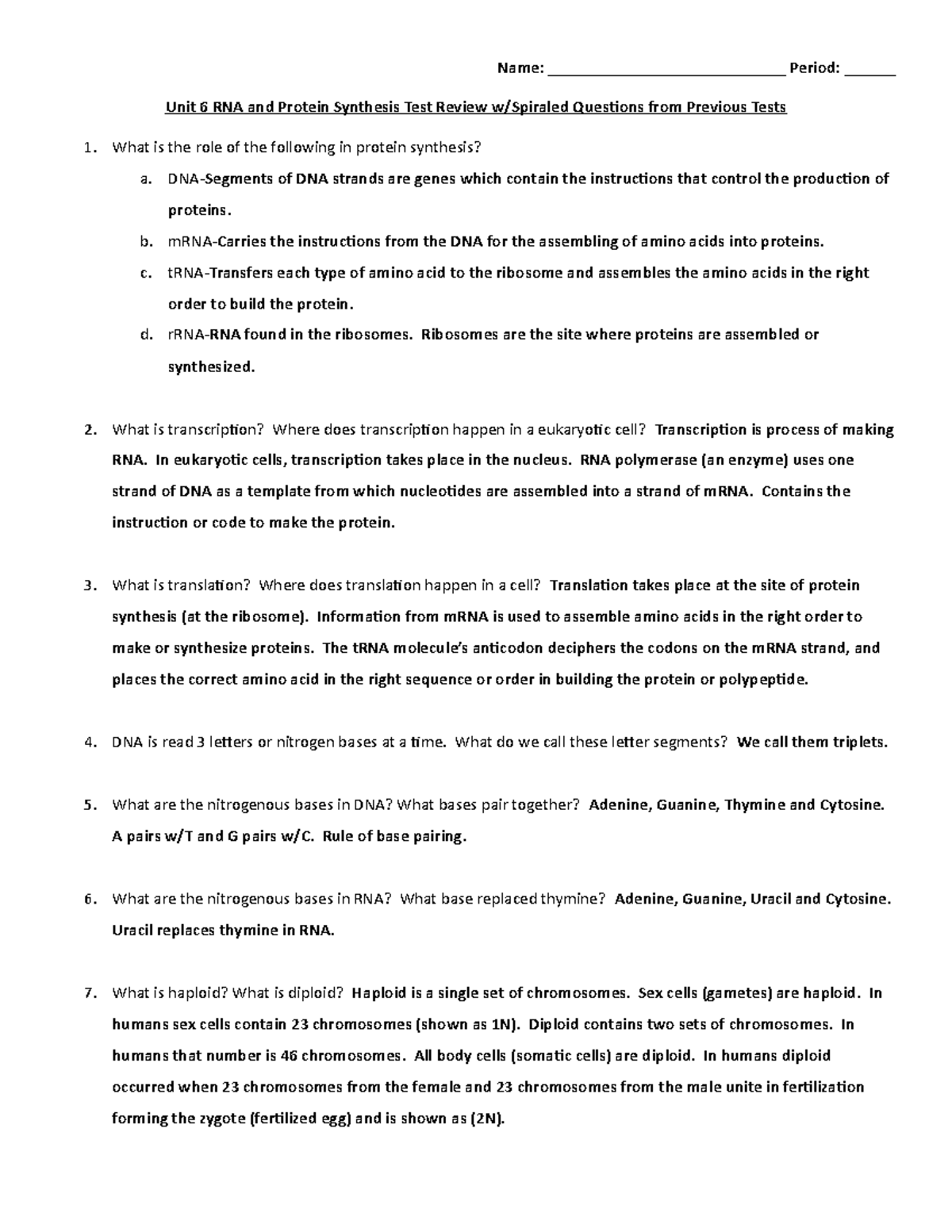 Unit 6 RNA & Protein Synthesis Test Review Answers and Insights - Studocu