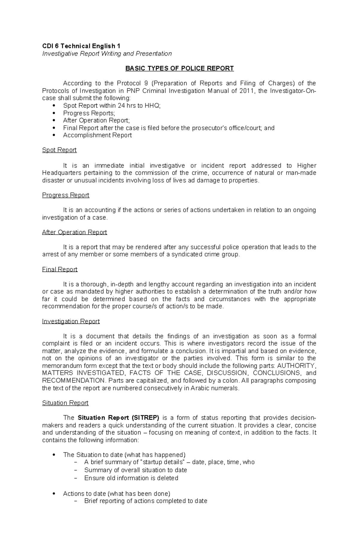 CDI 6 Technical English 1: Investigative Report Writing Essentials ...