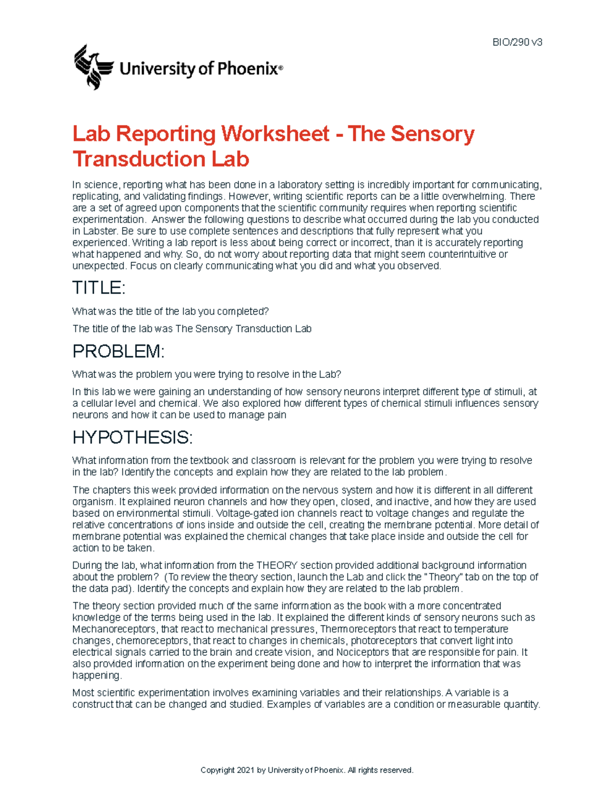 Bio290 v3 wk6 the sensory transduction lab - BIO/290 v Lab Reporting ...