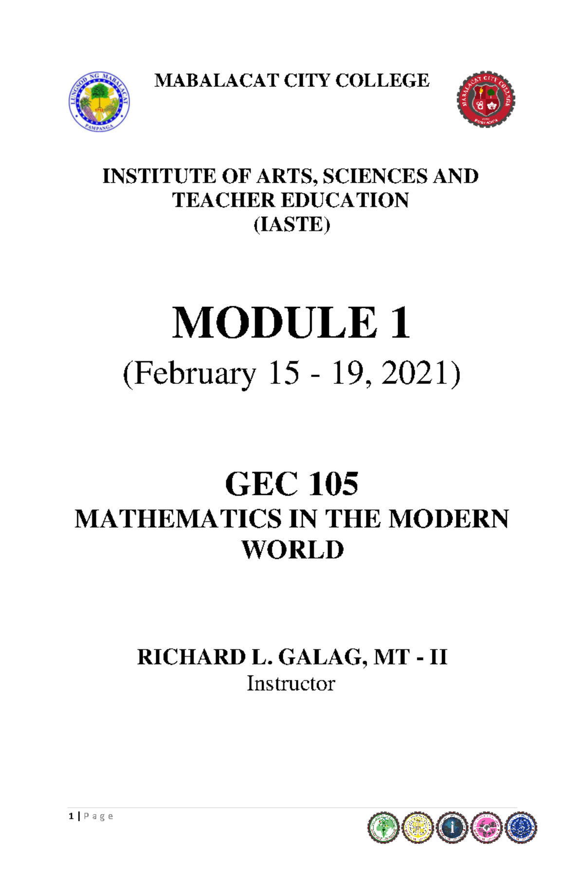 Module 1 - GEC 105: Mathematics in the Modern World Overview and ...