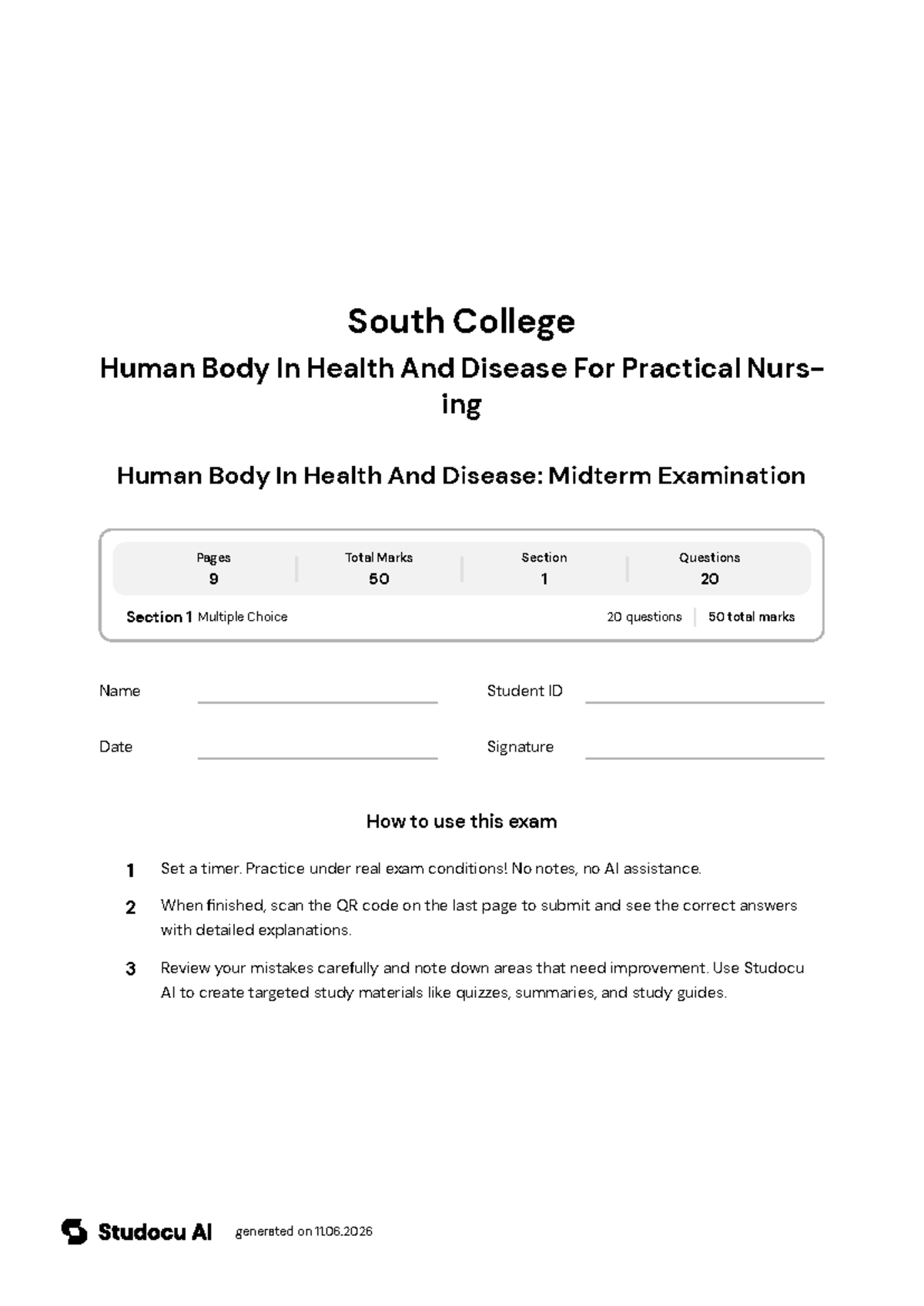 Human Body In Health And Disease: Midterm Exam - Studocu