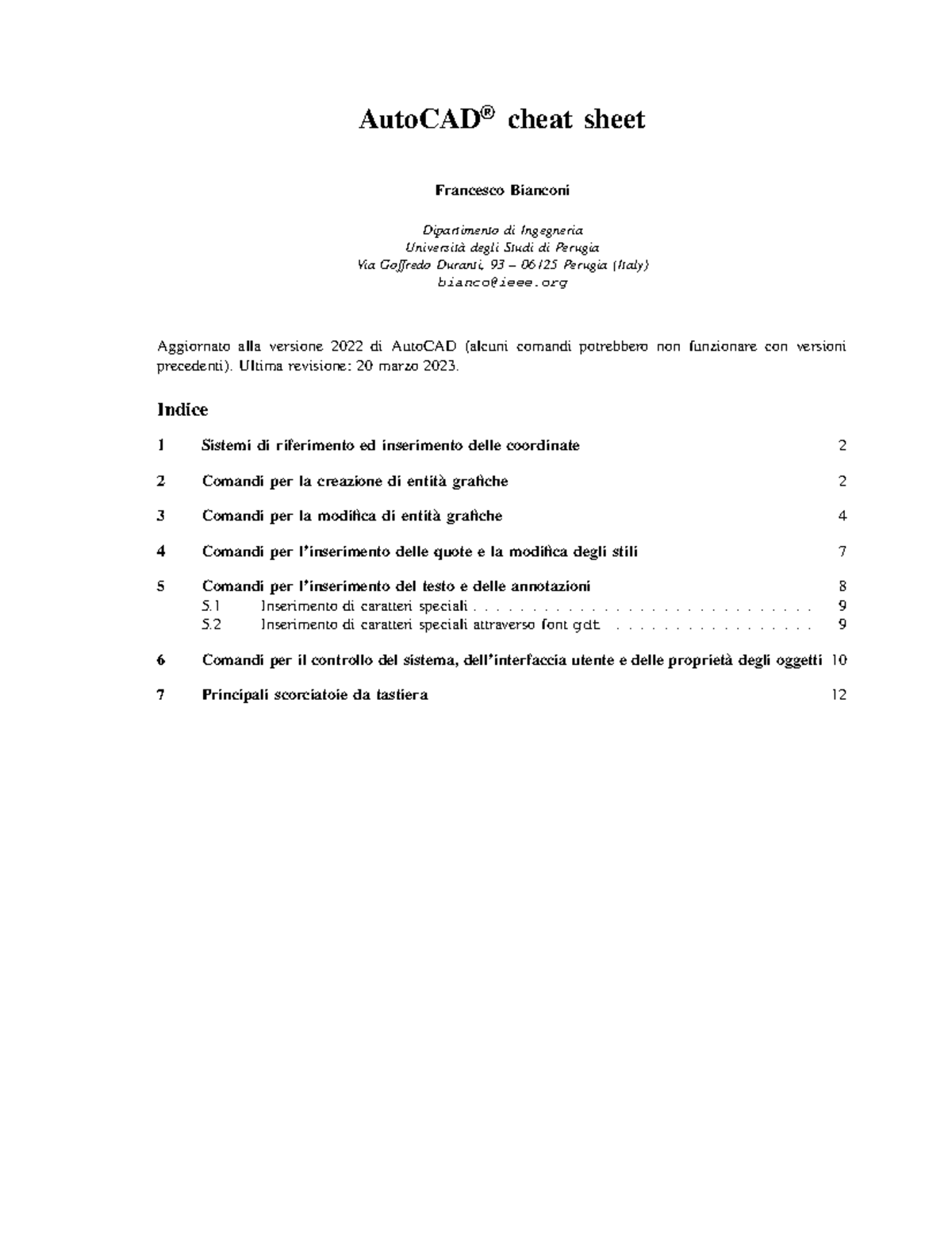 Acad cheat sheet - comandi di AutoCAD 2022 per ingegneria - Studocu