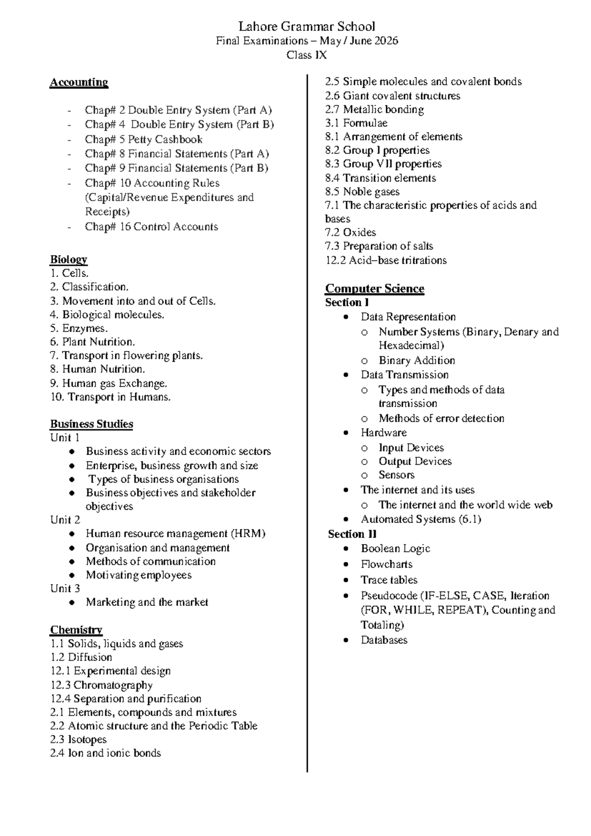 Lahore Grammar School Class IX Final Exam Syllabus May June 2026 - Studocu